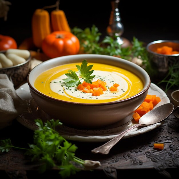 Sopa cremosa velvety elegance puré de cenoura e batata | Foto Premium Sopa cremosa velvety elegance puré de cenoura e batata | Foto Premium