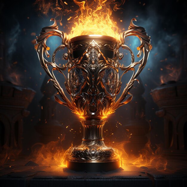 Un trofeo dorado con llamas iluminando un fondo oscuro al estilo de ... Un trofeo dorado con llamas iluminando un fondo oscuro al estilo de ...