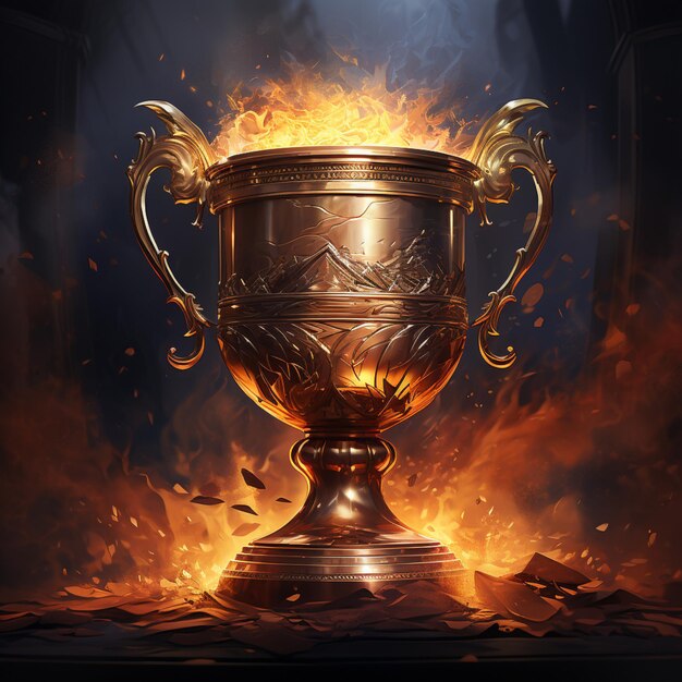 Un trofeo dorado con llamas iluminando un fondo oscuro al estilo de ... Un trofeo dorado con llamas iluminando un fondo oscuro al estilo de ...
