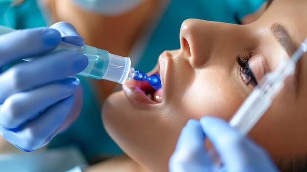 Um close-up de um dentista usando uma seringa para aplicar um ... Um close-up de um dentista usando uma seringa para aplicar um ...