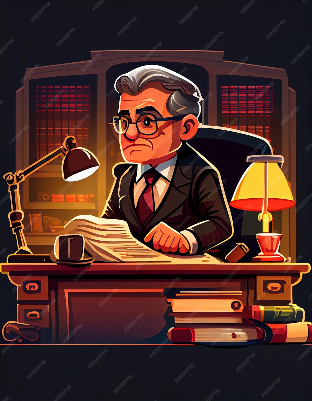 Um desenho animado de um homem em uma mesa com uma lâmpada e um livro ... Um desenho animado de um homem em uma mesa com uma lâmpada e um livro ...