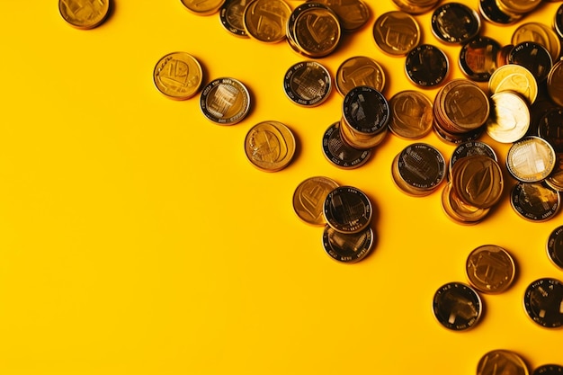Um monte de moedas de ouro com fundo amarelo | Foto Premium Um monte de moedas de ouro com fundo amarelo | Foto Premium