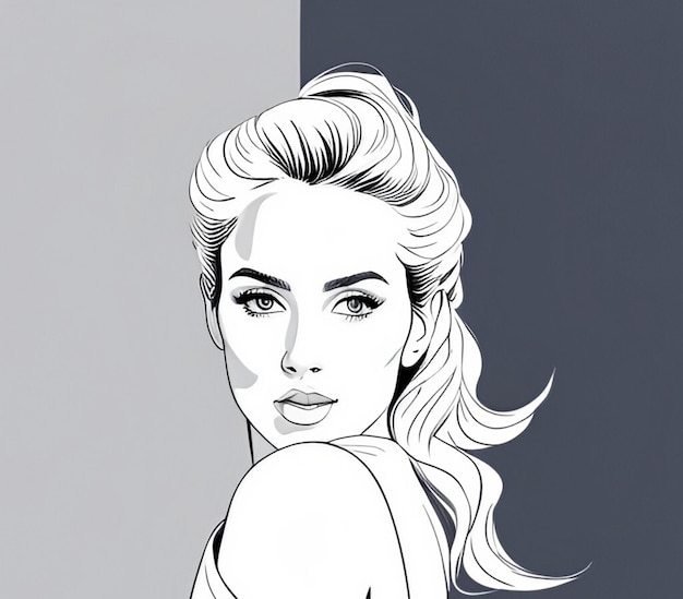 Uma mulher com um desenho preto e branco de uma mulher com longos ... Uma mulher com um desenho preto e branco de uma mulher com longos ...