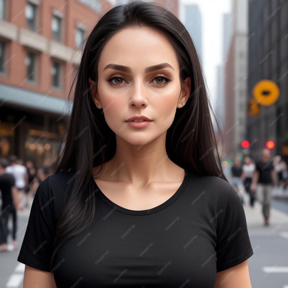 Uma mulher de aparência mediana vestindo uma camiseta preta em uma ... Uma mulher de aparência mediana vestindo uma camiseta preta em uma ...