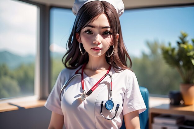 Uma Mulher De Uniforme Branco Com Um Estetoscópio Em Volta Do Pescoço