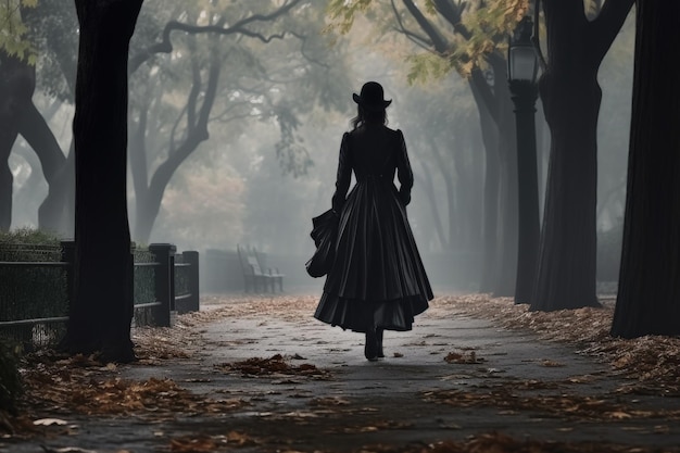 Uma mulher é vista caminhando por uma trilha em um parque tranquilo ... Uma mulher é vista caminhando por uma trilha em um parque tranquilo ...