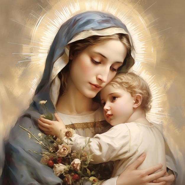 Uma pintura de uma mulher segurando uma criança com flores e as ... Uma pintura de uma mulher segurando uma criança com flores e as ...