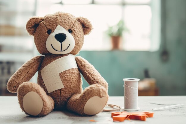 Urso De Pelúcia Com Um Vestido Ferido E Mãos Quebradas Dormindo Na Cama Doença Das Crianças