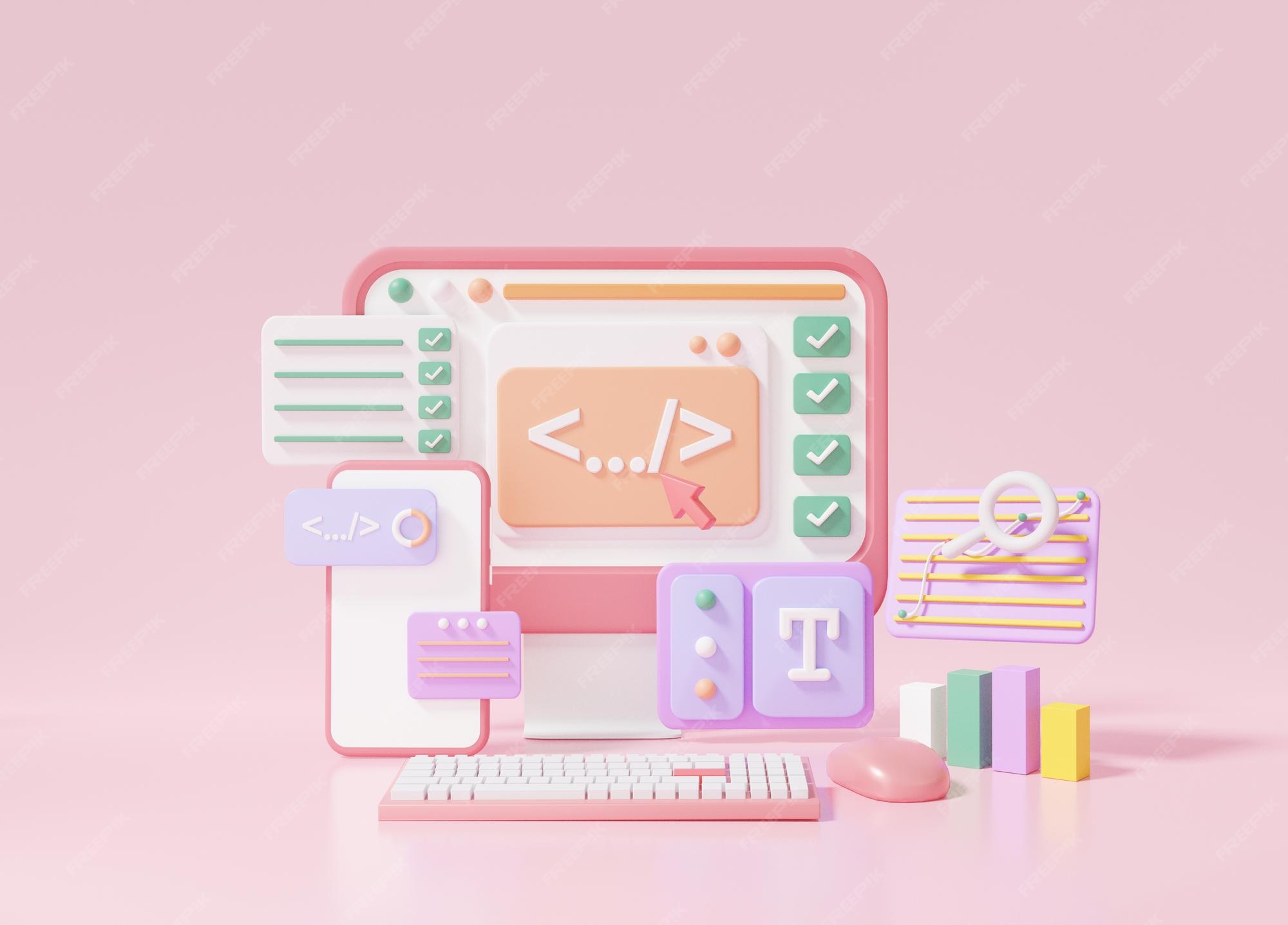 3d 렌더링 Uiux 디자인 개념입니다 모바일 애플리케이션 개발 스마트폰 연결 코딩 최신 사용자 인터페이스 3d 렌더링