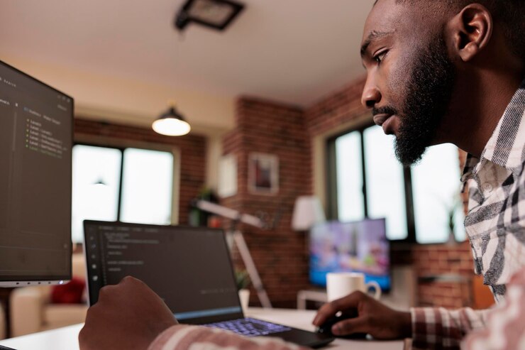 Free Photo African American Coder Programming Binary Code Interface 0244