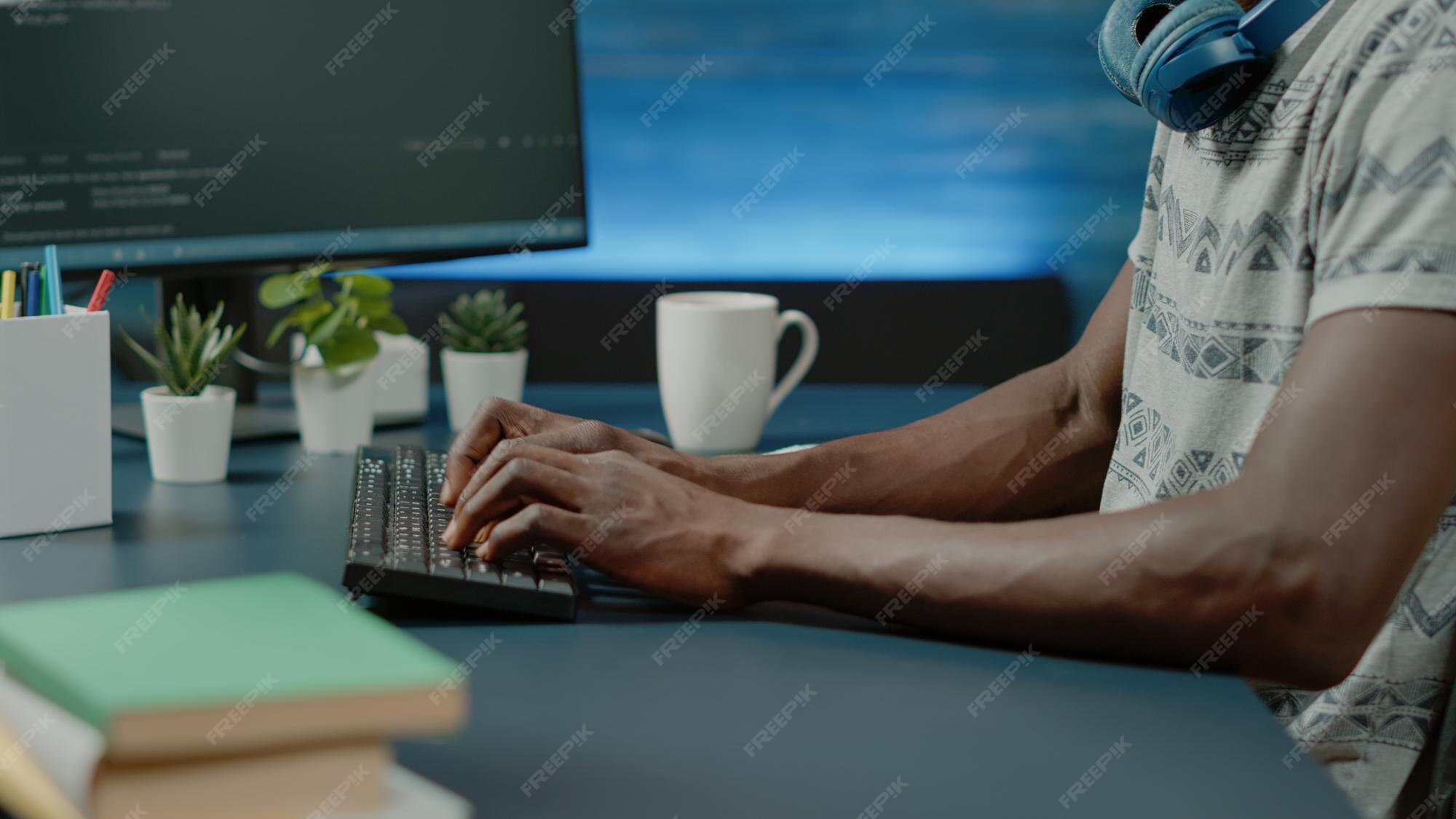 Premium Photo | Close up of black hands coding server interface with ...