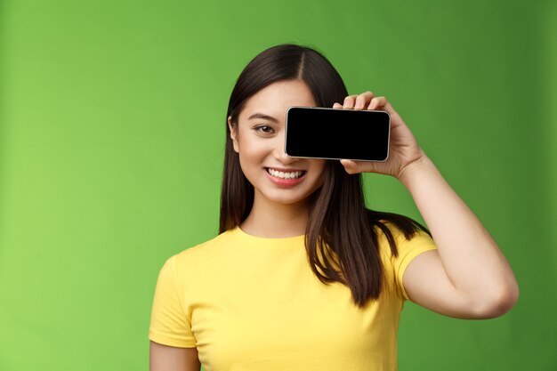 Free Photo Cheerful Hipster Woman Introduce Application Showing