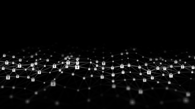 사이버 보안 흐름 개념 코드 알고리즘을 연결하는 디지털 웨이브 구조 보안 데이터 네트워크 기술 3d 렌더링 프리미엄 사진