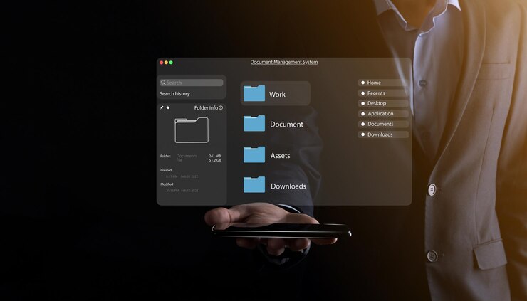문서 관리 개념 가상 화면 아이콘 문서 관리 시스템 Dms 회사 파일 및 데이터의 효율적인 보관 검색 및 관리를 위한 온라인 문서 데이터베이스 소프트웨어 프리미엄 사진