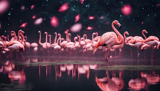 Free Photo | Flamingo in the lake at night 3d rendering Free Photo | Flamingo in the lake at night 3d rendering
