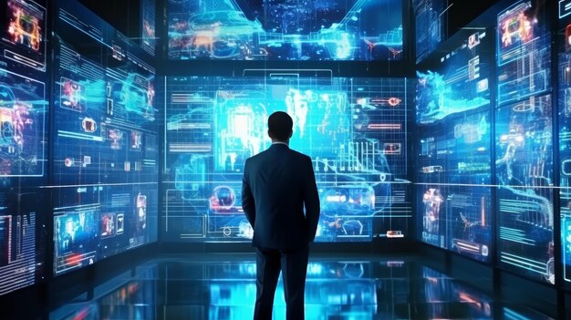 Un uomo guarda business con la tecnologia concetti di sorveglianza ... Un uomo guarda business con la tecnologia concetti di sorveglianza ...