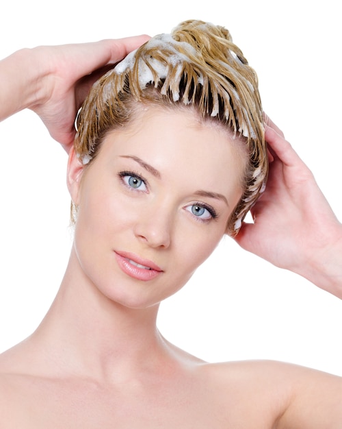 Free Photo Portrait Of Young Beautiful Woman Washing Her Hair Isolated