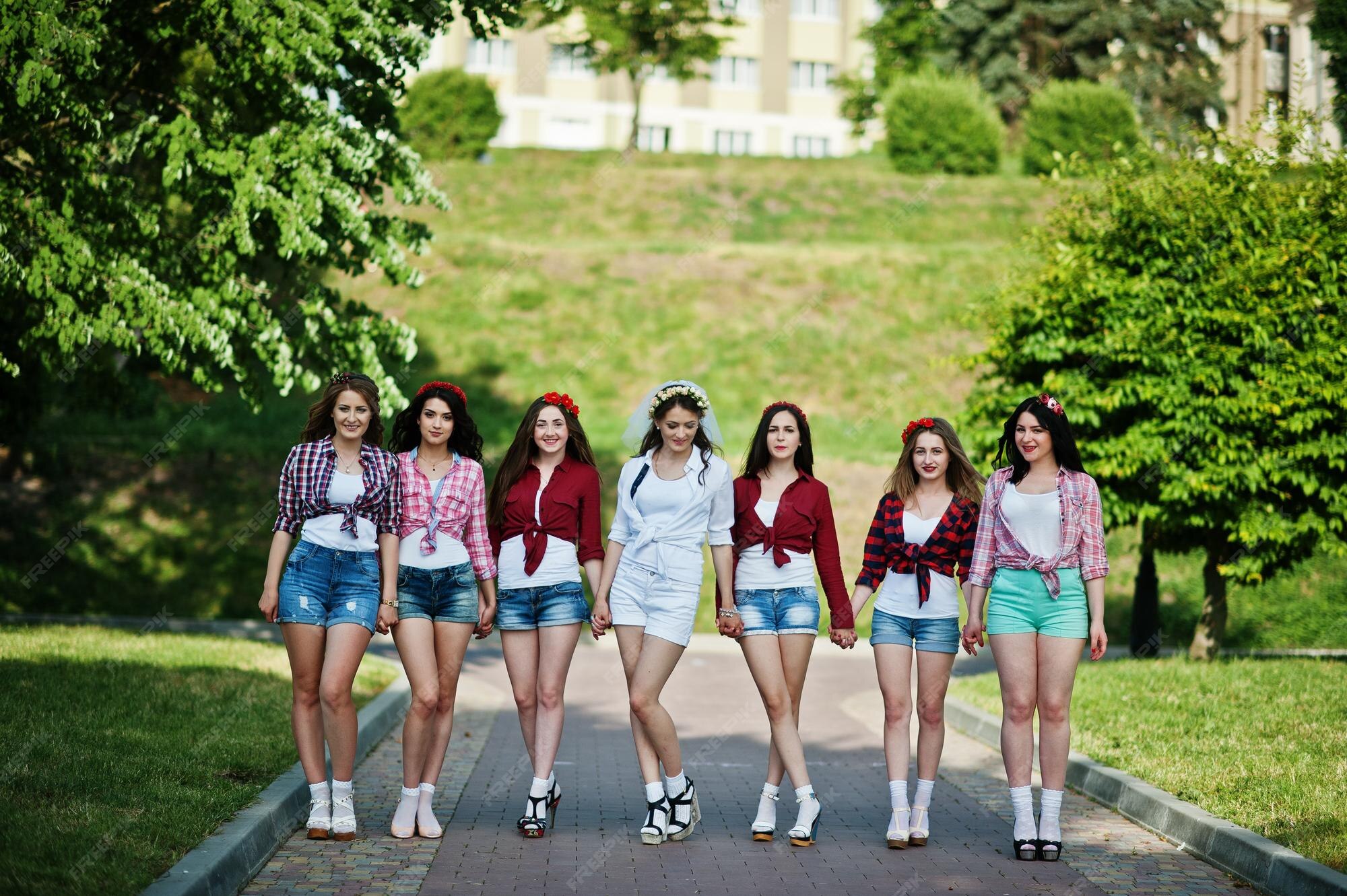 Free Photo Seven Happy And Sexy Girls On Short Shorts Posed And