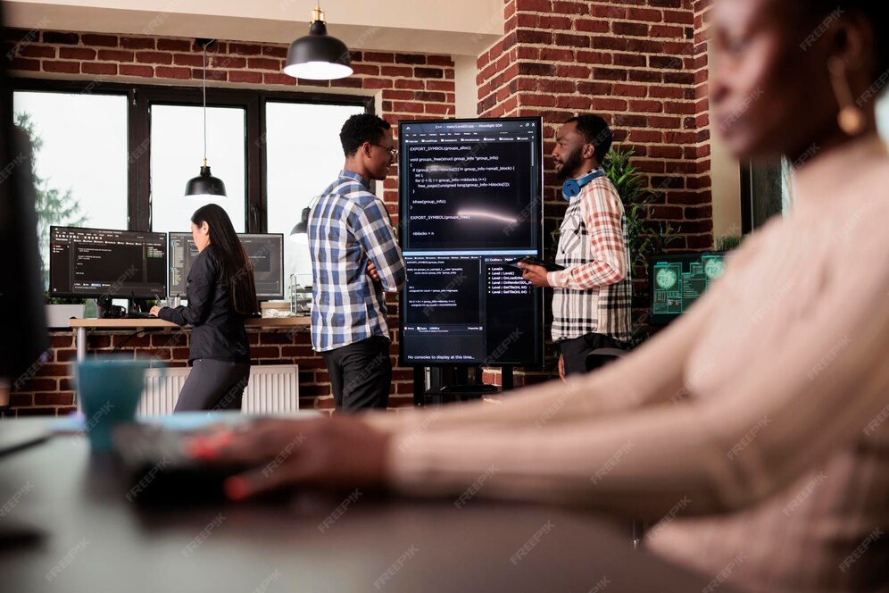 Free Photo | Two of company programming engineers analyzing html code standing in front of big ...