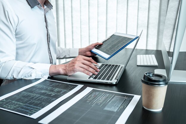 Premium Photo | Female developer programmer working on coding program software computer