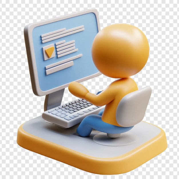 3D render of a cartoon character using a computer keyboard and monitor ...