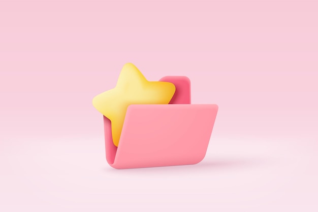 관리 파일 문서를 위한 3d 폴더 및 종이 프로젝트 계획 개념에 대한 효율적인 작업 문서 만화 스타일 파일 아이콘이 있는 최소 폴더 3d 벡터는 격리된 분홍색 파스텔 배경에