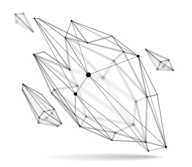 추상 3d 메쉬 모양 벡터 그림 흰색 배경에 격리된 선 기술 다각형 개체와 연결된 점 실제 필드 효과 깊이가 있는 동적 격자 프리미엄 벡터