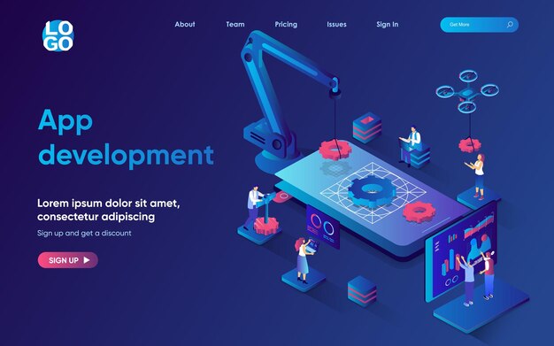 Premium Vector | App development isometric landing page vector template. Premium Vector | App development isometric landing page vector template.