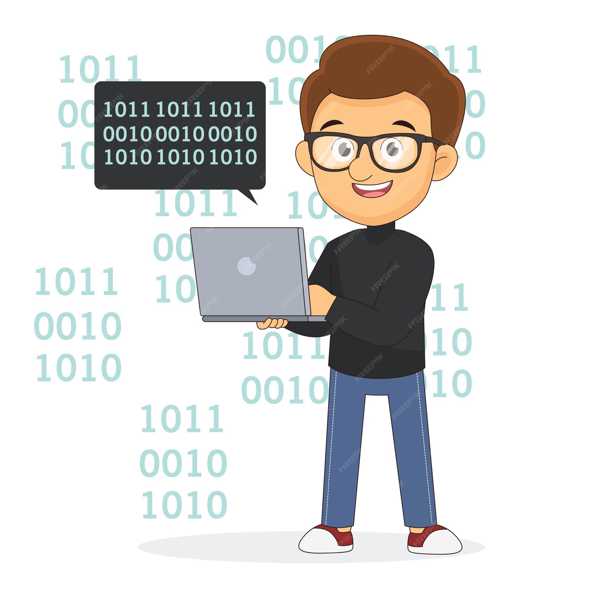 Premium Vector | Binary coding happy programmer man with laptop