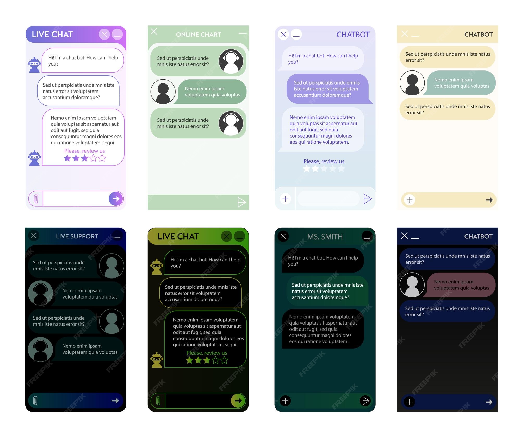 Premium Vector | Chatbot windows set. dark night and light mode. user ...