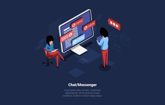 텍스트와 문자로 개념적 벡터 일러스트 레이 션 만화 3d 스타일의 아이소메트릭 구성입니다 데스크톱 컴퓨터 및 스마트 폰 장치에서 채팅 프로그램 또는 메신저 응용