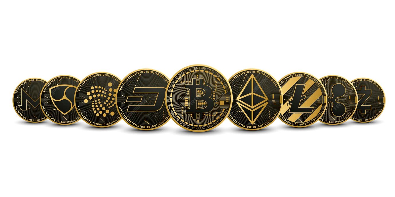 Premium Vector | Cryptocurrencies gold set collection Premium Vector | Cryptocurrencies gold set collection