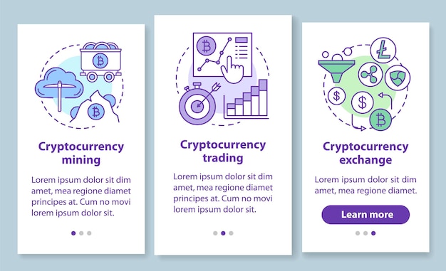 선형 개념이 있는 암호화폐 온보딩 모바일 앱 페이지 화면 암호화 통화 마이닝 거래 및 교환 연습 그래픽 지침 삽화가 있는 Ux Ui Gui 벡터 템플릿 프리미엄 벡터