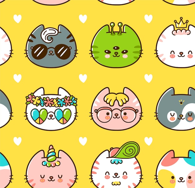 Premium Vector Cute Cats Faces Seamless Pattern