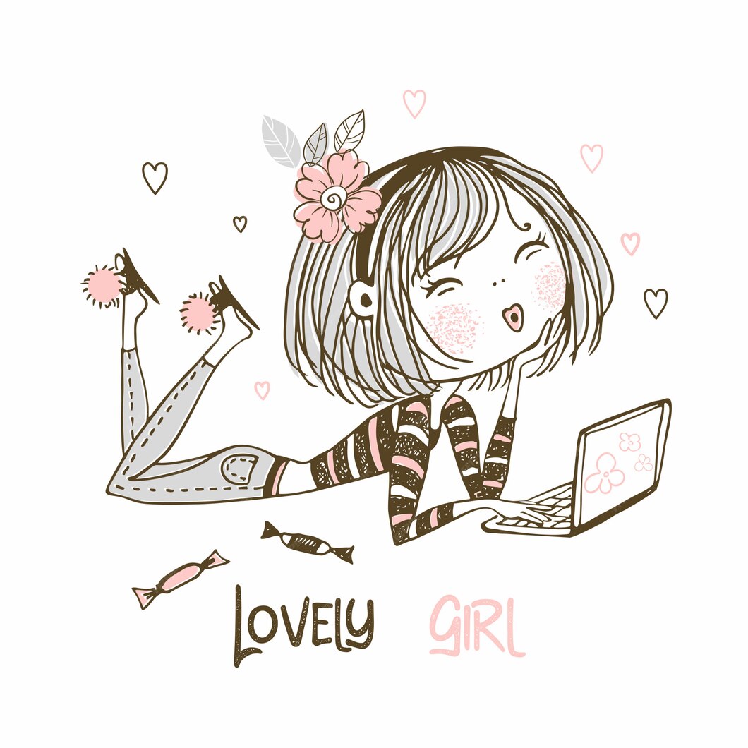 Premium Vector Cute Girl In Jeans With A Laptop