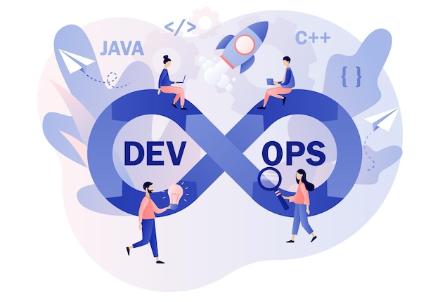 Devops 개념 개발 및 소프트웨어 작업의 작은 프로그래머 연습 무한대의 기호 프리미엄 벡터
