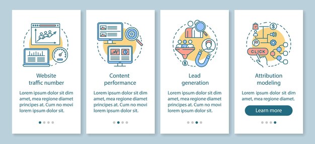 디지털 마케팅은 선형 개념으로 모바일 앱 페이지 화면을 온보딩하는 데 도움이 됩니다 리드 생성 웹 트래픽 연습 단계 그래픽 지침 삽화가 있는 Ux Ui Gui 벡터