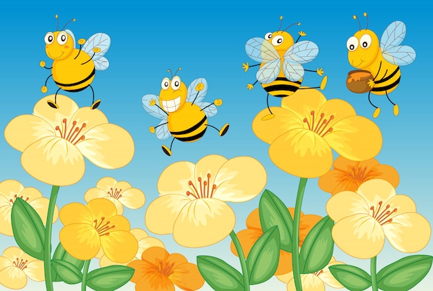 Premium Vector Three Bees Flying Over Some Flowers