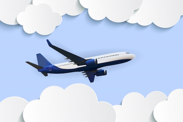 Premium Vector | Flying realistic airplane through the clouds Premium Vector | Flying realistic airplane through the clouds
