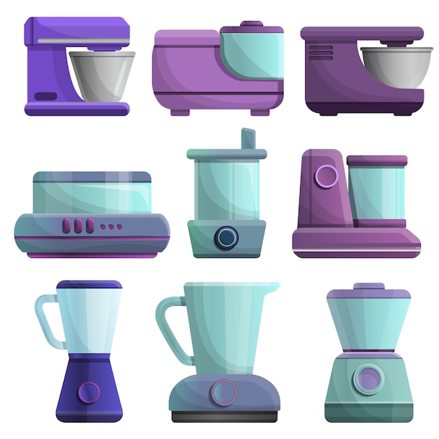 Premium Vector | Food processor icon set, cartoon style Premium Vector | Food processor icon set, cartoon style
