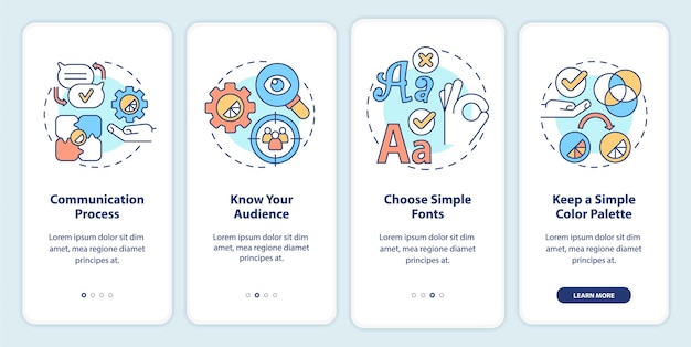 그래픽 디자인 규칙 온보딩 모바일 앱 화면 시각적 콘텐츠 제작 과정 선형 개념이 포함된 4단계 그래픽 지침 페이지 Ui Ux Gui 템플릿 사용된 Myriad Probold