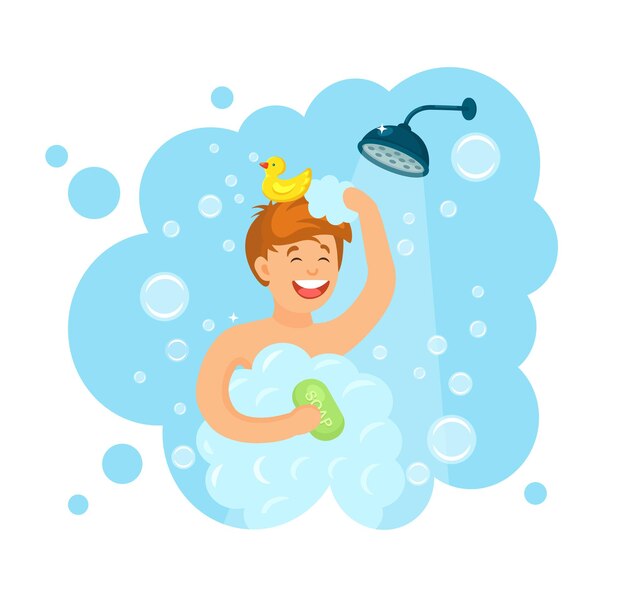 Premium Vector Happy Woman Taking Shower With Rubber Duck In Bathroom