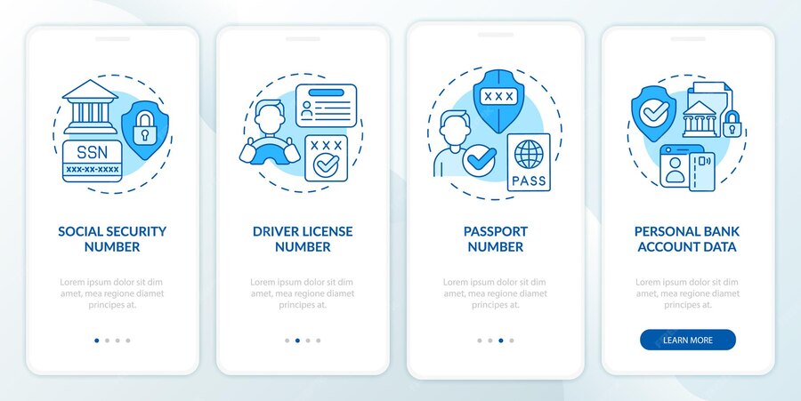 매우 민감한 데이터 블루 온보딩 모바일 앱 화면 개인 정보 보호 연습은 선형 개념이 포함된 4단계 그래픽 지침 페이지입니다 Ui Ux Gui 템플릿입니다 무수히
