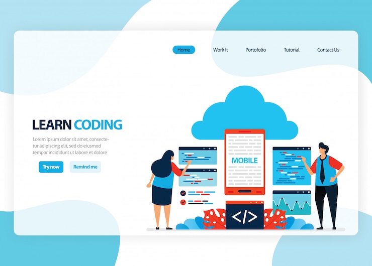 Premium Vector | Homepage for learning programming and coding. application development with a ...