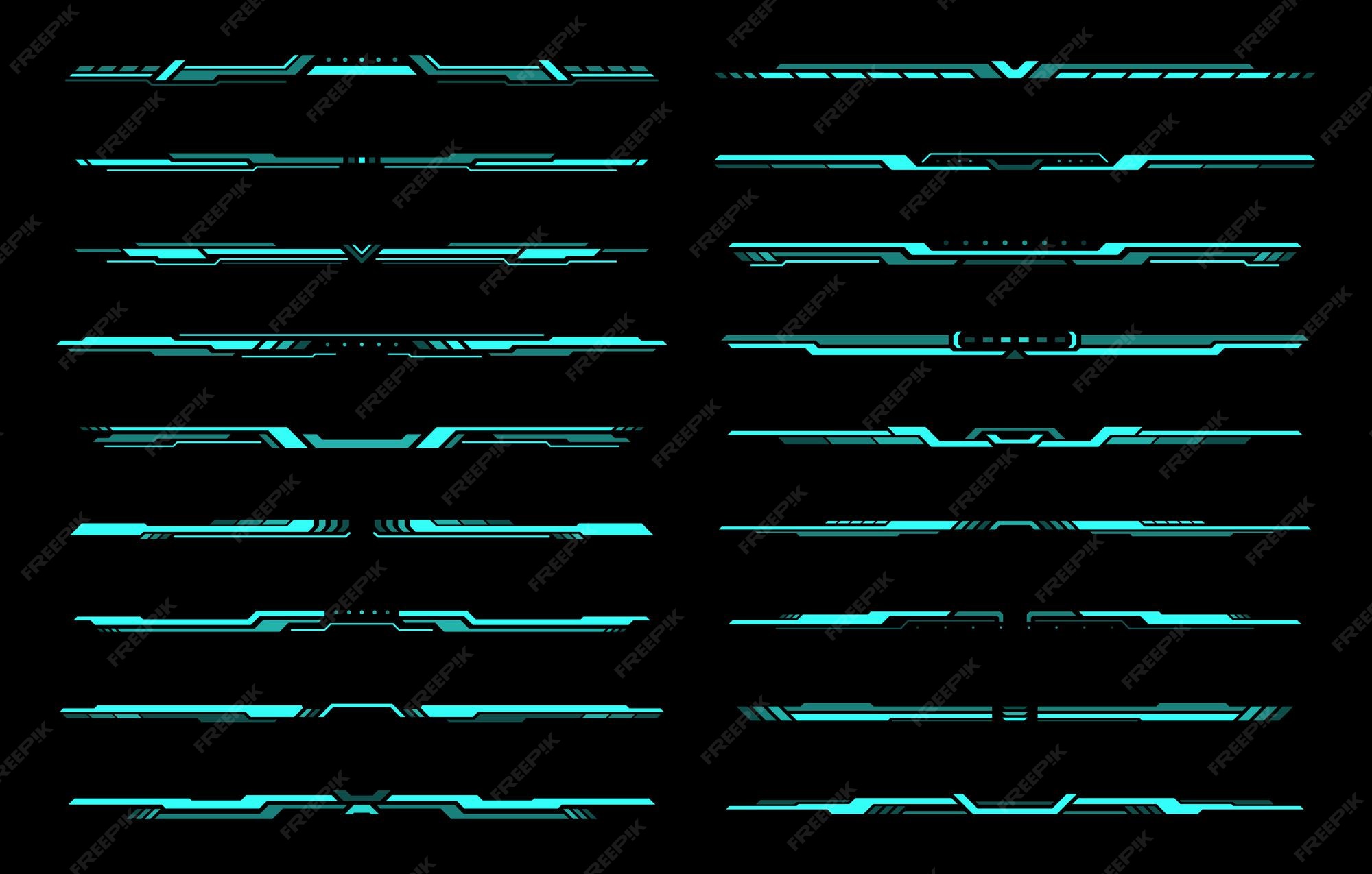 공상 과학 및 기술 게임의 Hud 미래형 머리글 및 바닥글 인터페이스 벡터 요소 미래 기술 헤드업 디스플레이 홀로그램 화면 프레임 경계선 파란색 네온 텍스트 막대 및