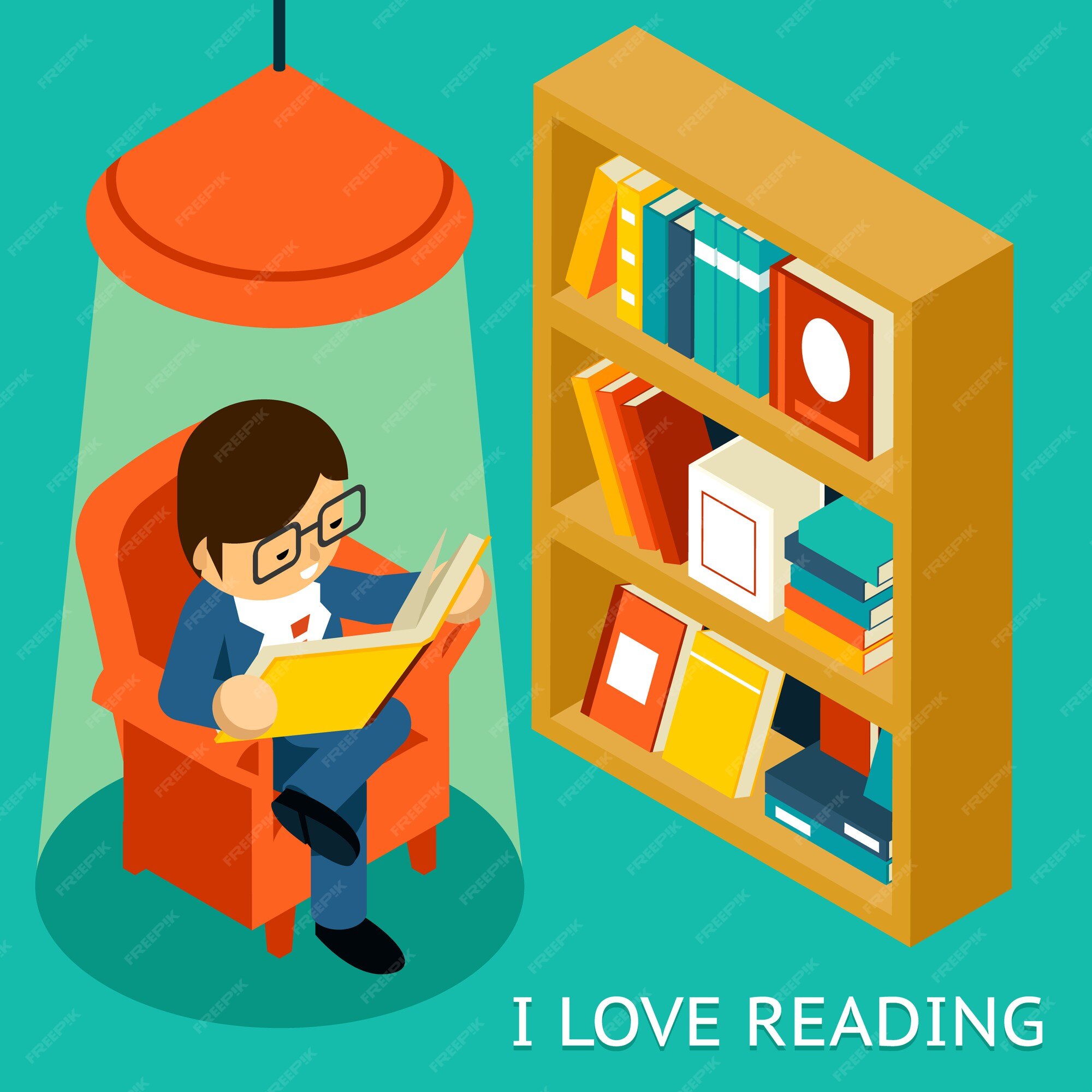 Free Vector I Love Reading 3d Isometric Illustration Man Sitting In