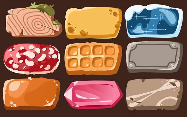 얼음과 돌 게임 Ui 버튼 프레임 블록 만화 벡터 앱 인터페이스용 고정 패널 보드 기호 중세 Rpg의 직사각형 제목 Gui 로그인에 대한 크리스탈 금속 및 콘크리트 격리