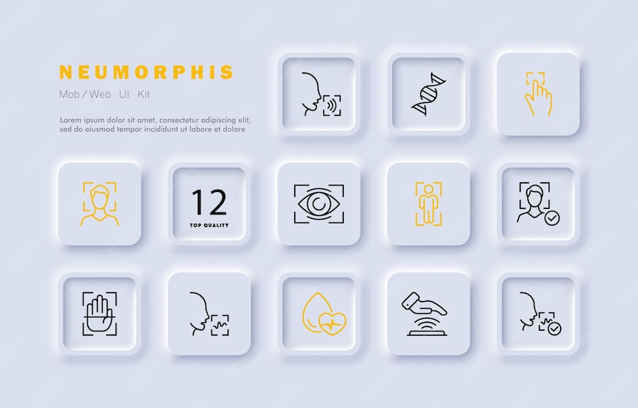 식별 설정 아이콘 Dna Rna 얼굴 인식 두 가지 요소 확인 지문 생체 인식 펄스 얼굴 Id 인증 개념 신형성 스타일 비즈니스를 위한 벡터 라인 아이콘 프리미엄 벡터