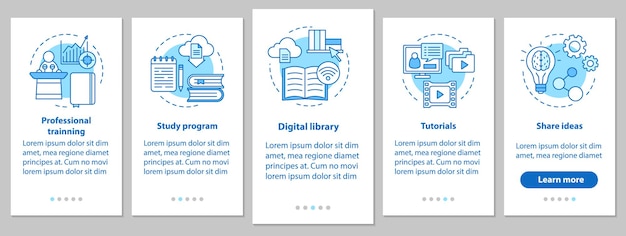 선형 개념이 있는 대화형 교육 온보딩 모바일 앱 페이지 화면 학습 프로그램 디지털 라이브러리 자습서 아이디어 단계 지침 공유 삽화가 있는 Ux Ui Gui 벡터