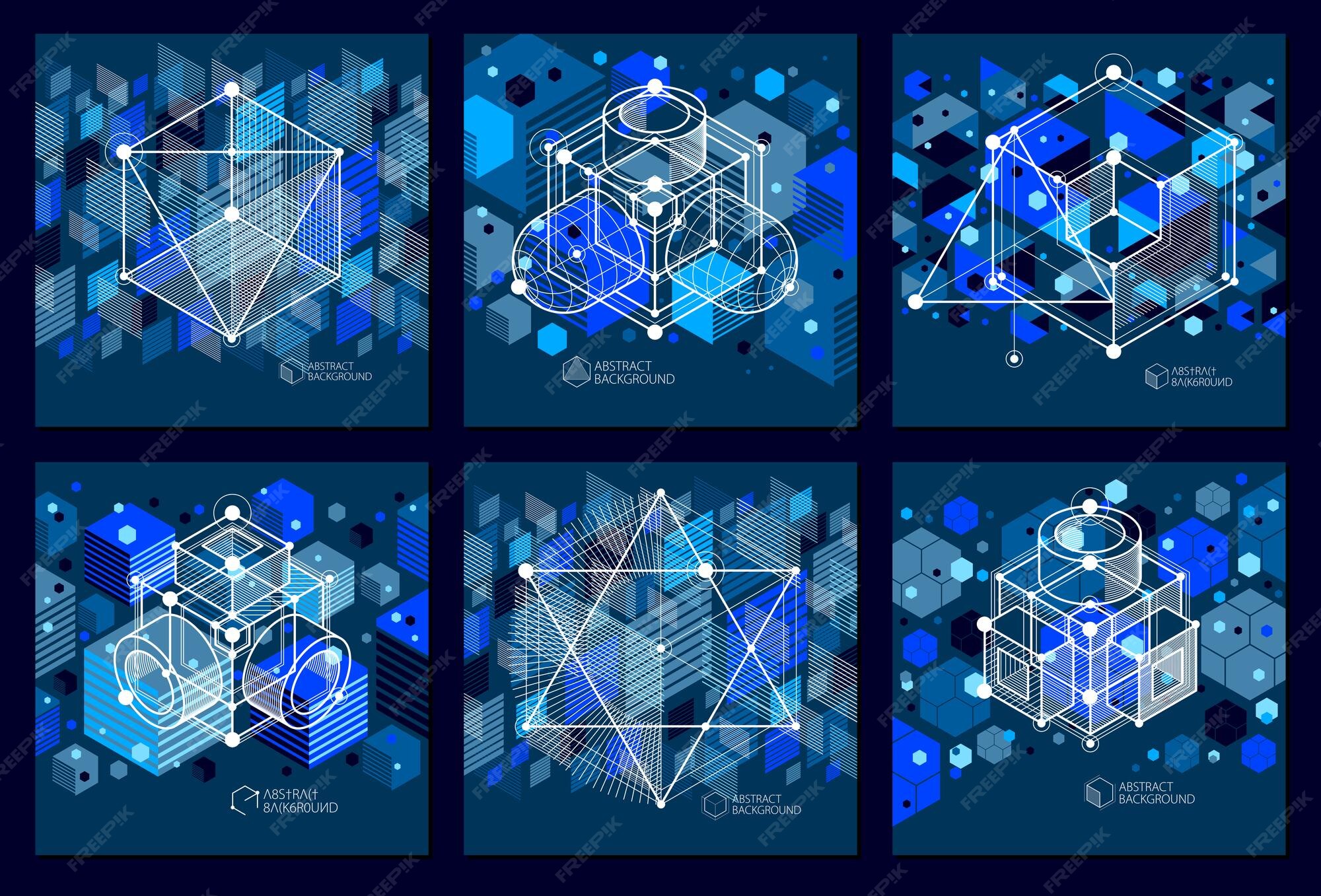 Premium Vector Isometric Abstract Dark Blue Backgrounds Set With Linear Dimensional Cube